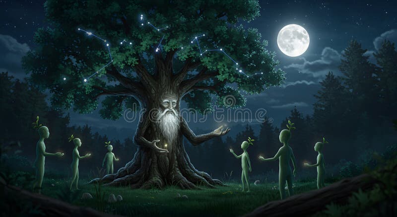 Ancient Tree Spirit Guiding Young Sprites Under the Full Moon Stock ...