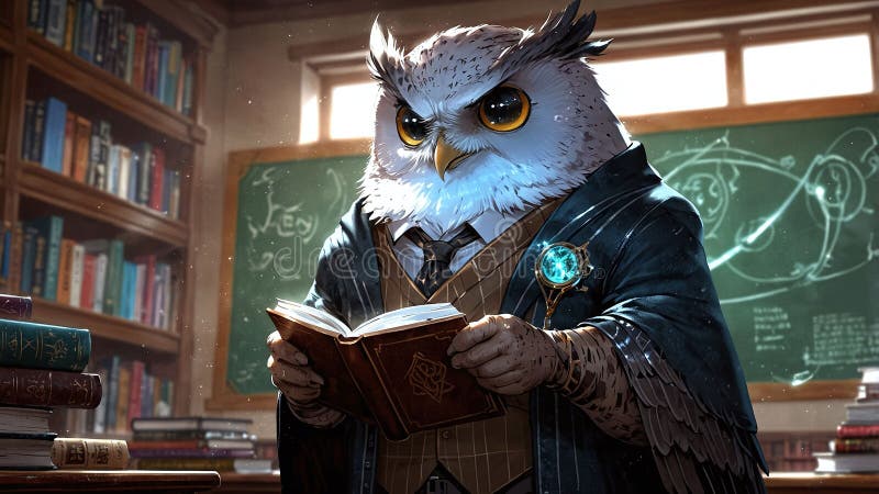 Wise Anime Owl Professor Lecturing in Enchanted Library Stock ...