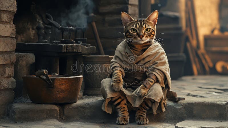 A Wise Cat in Ancient Robes Sits Thoughtfully in a Rustic Workshop ...