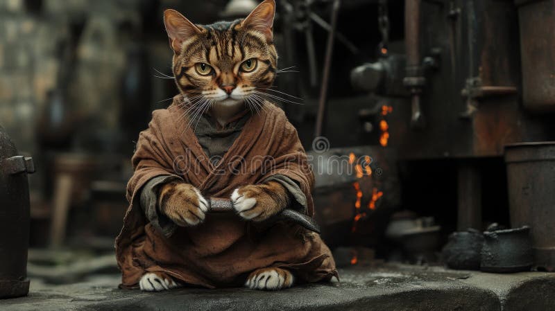 A Wise Cat Dressed in a Brown Robe Sitting Peacefully in an Ancient ...