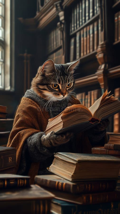 A Wise Cat is Reading a Book in an Ancient Library. the Scene Captures ...