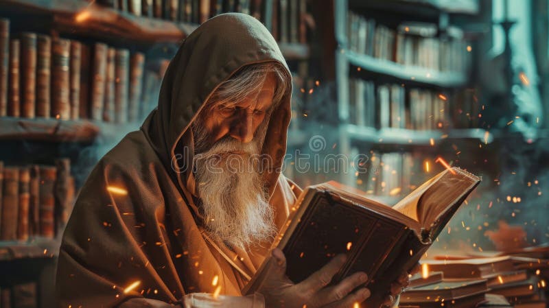 A Wise Human Sage Reading Ancient Scrolls in an Enchanting Library ...