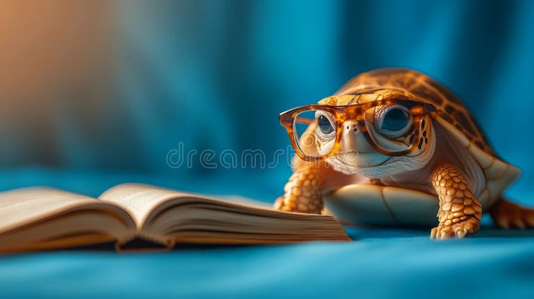 Wise Looking Turtle Wearing Glasses, Accompanied by an Open Book ...
