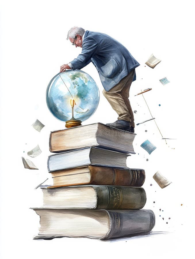 A Wise Man Stands Atop a Stack of Books Holding a Glowing Globe ...