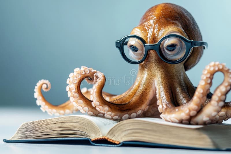 A Wise Octopus Wearing Glasses Reading a Book. Ai Generative Stock ...