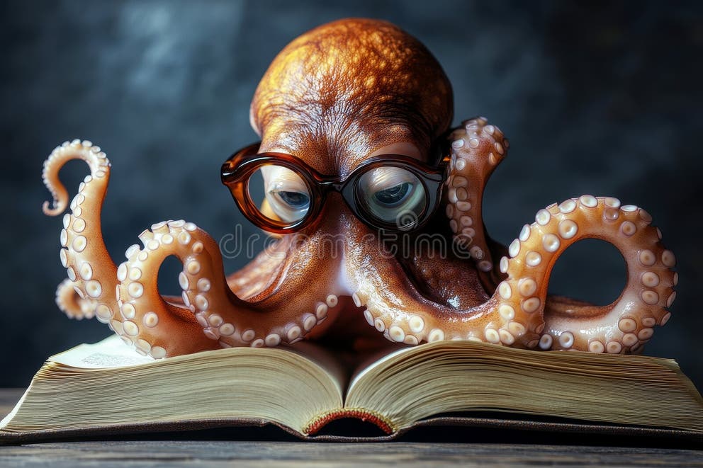A Wise Octopus Wearing Glasses Reading a Book. Ai Generative Stock ...