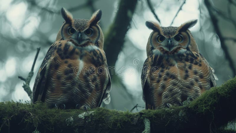 Wise Old Owls Perched on Moss-covered Tree Branches, Observing the ...