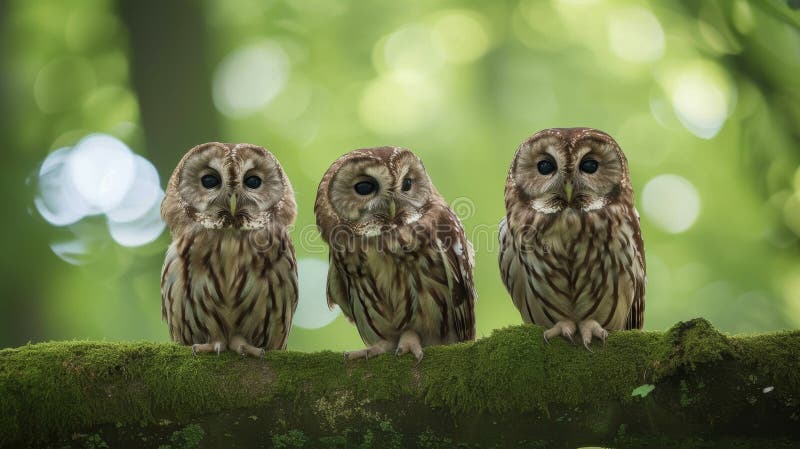 Wise Old Owls Perched on Moss-covered Tree Branches, Observing the ...