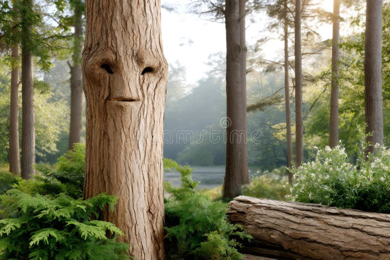 Wise Old Talking Tree in a Forest with a Face Looking at Sunrise Stock ...