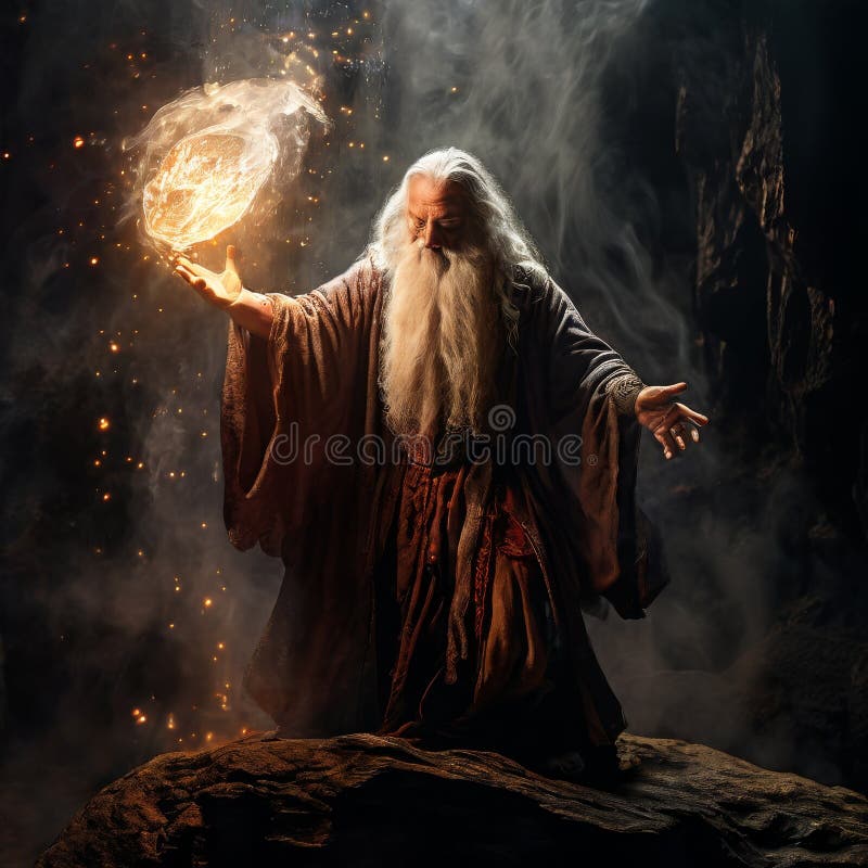 Wise Old Wizard Conjuring Glowing Sphere in Dark Cave Stock Image ...