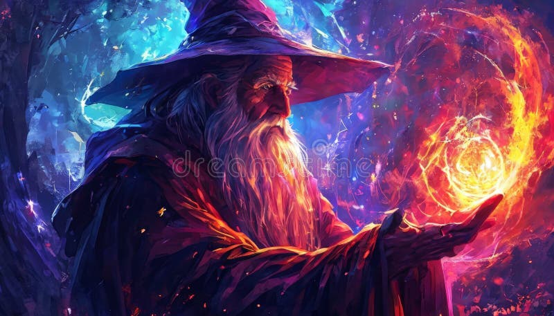 Wise Wizard Conjuring Fireball in a Magical Forest Stock Image - Image ...