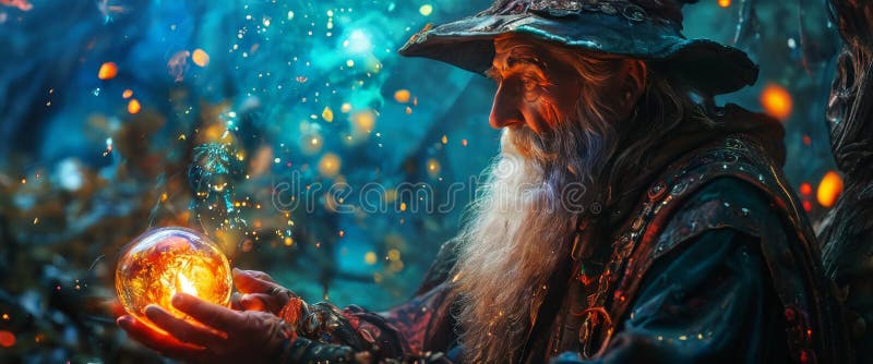 Wise Old Wizard Holding a Glowing Orb in a Mystical Forest Stock Image ...