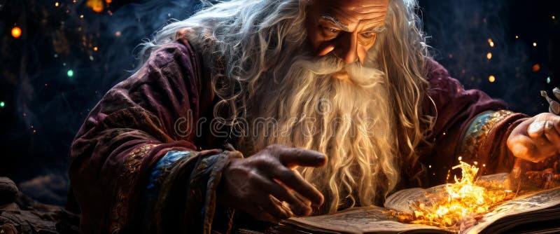 Wise Old Wizard Studying Glowing Magical Text in Dimly Lit Room Stock ...