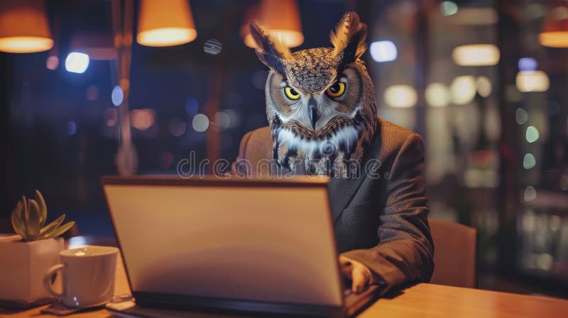 A Wise Owl in a Business Suit Analyzing Data on a Laptop in a Modern ...