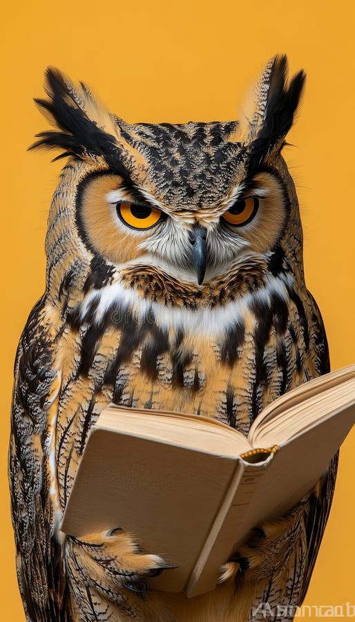 Wise Owl Examining Open Book, Avian Intelligence, Education Concept on ...