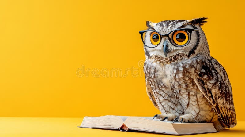 Wise Owl with Glasses and Open Book on Vibrant Yellow Background ...
