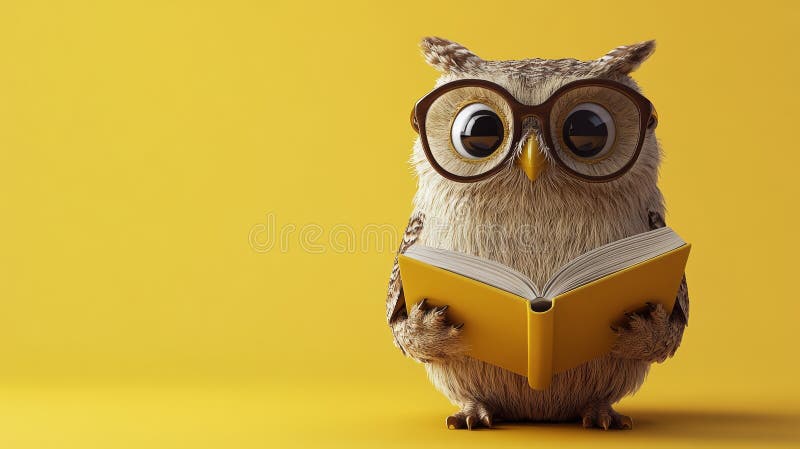 Wise Owl with Glasses Reading Yellow Book on Vibrant Yellow Background ...