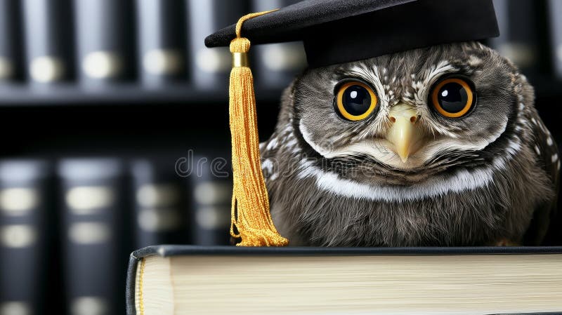 Wise Owl with Graduation Cap Perched on Book in Library Setting Stock ...