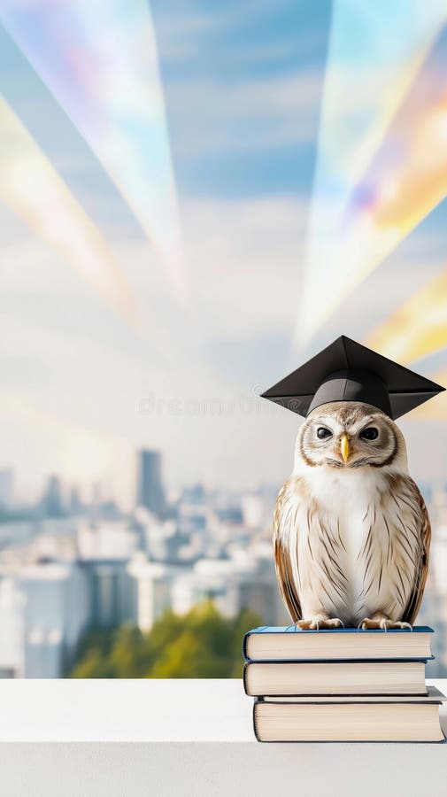 Wise Owl in Graduation Cap Perched on Books Overlooking Cityscape Stock ...