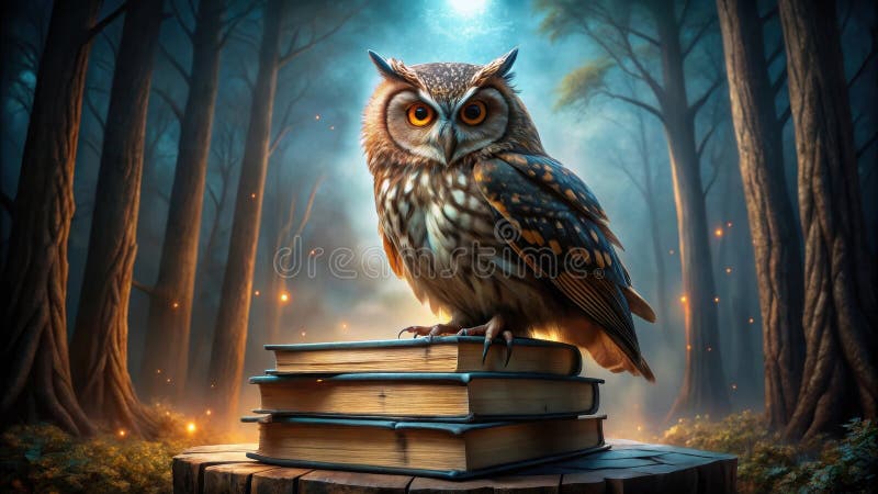Wise Owl Guardian of Ancient Forest Lore Perched upon Stacked Books in ...