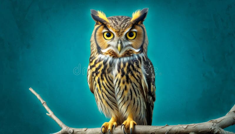 Wise Owl Perched on Branch Against Blue Background Stock Image - Image ...