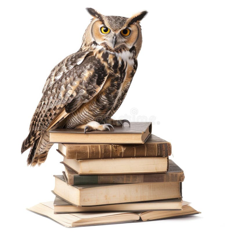 Wise Owl Perched on Stack of Vintage Books on White Background Stock ...