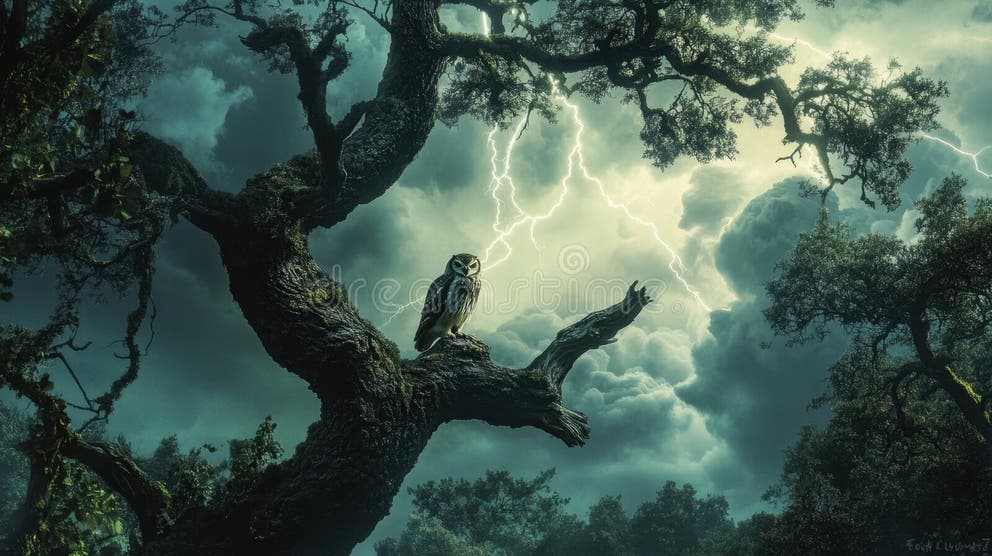 A Wise Owl Perched on a Tree Branch during a Thunderstorm, with ...