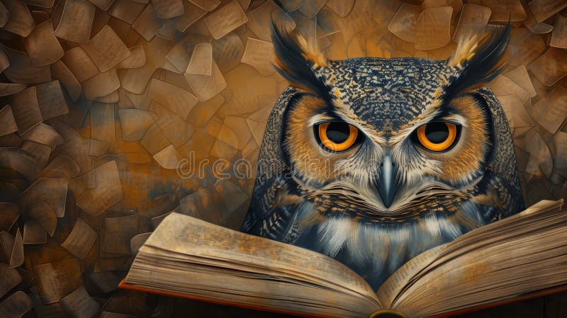A Wise Owl with Piercing Eyes Sits Behind an Open Book, Symbolizing ...