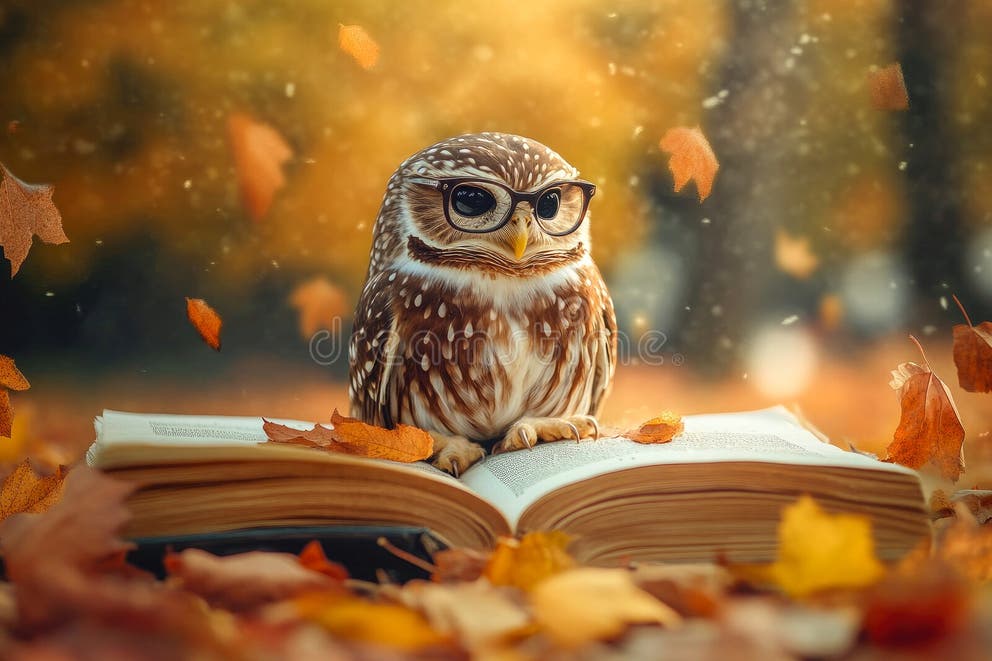 Wise Owl Reader. a Charming Bespectacled Owl Perched on an Open Book in ...