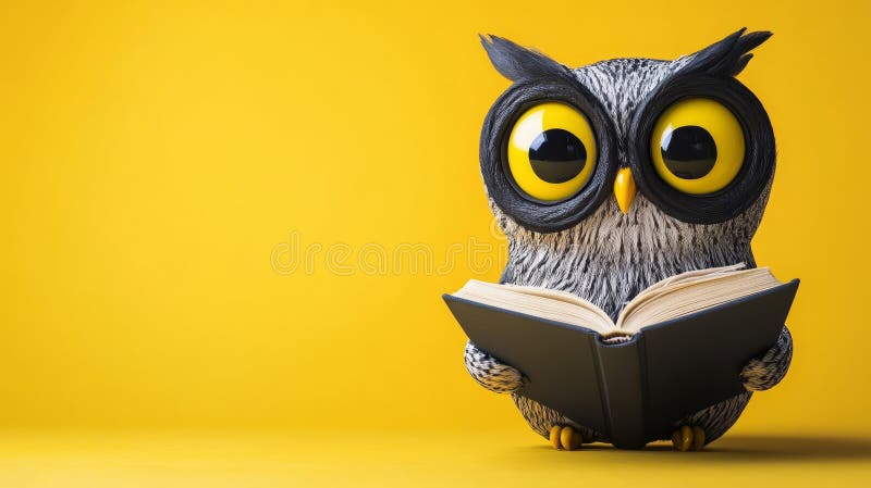 Wise Owl Reading a Book Education, Knowledge, and Learning Concept on Yellow Background Stock ...