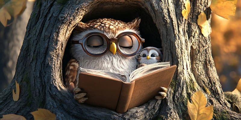 Wise Owl Reading Book in Tree Stock Illustration - Illustration of wise ...