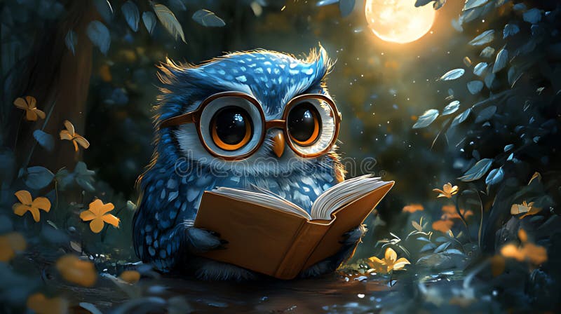 Wise Owl Reading Book Under Moonlight in Enchanted Forest Children S ...