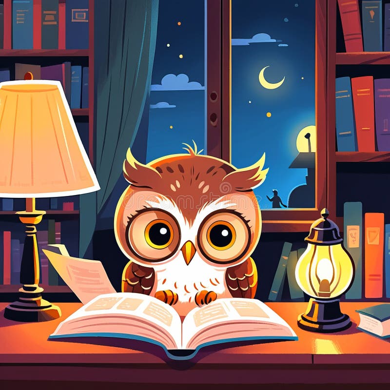 Wise Owl Reading at Night in Cozy Library with Moonlit Window View ...