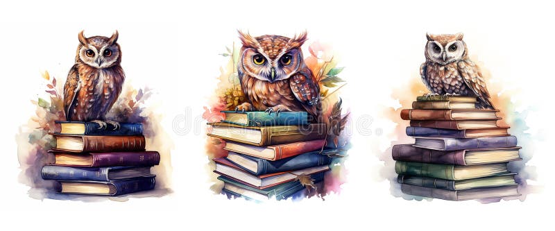 Wise Owl Sits on a Stack of Books. Concept Education at School, Stock ...