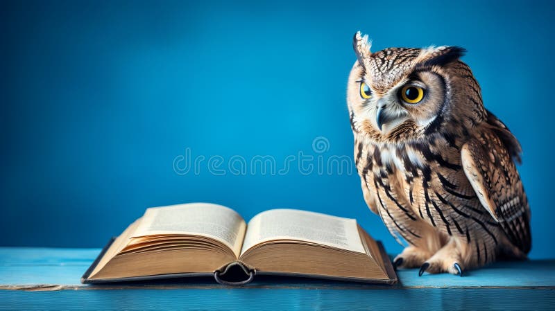 A Wise Owl Stands beside an Open Book on a Blue Background in a Cozy ...