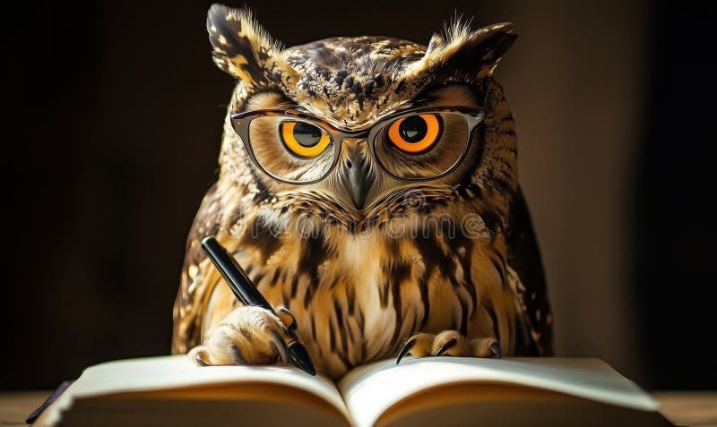Wise Owl Wearing Glasses Studying from an Open Book with a Pen ...