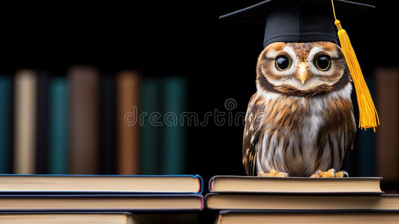 Wise Owl Wearing Graduation Cap on Books in Library Setting Stock Image ...