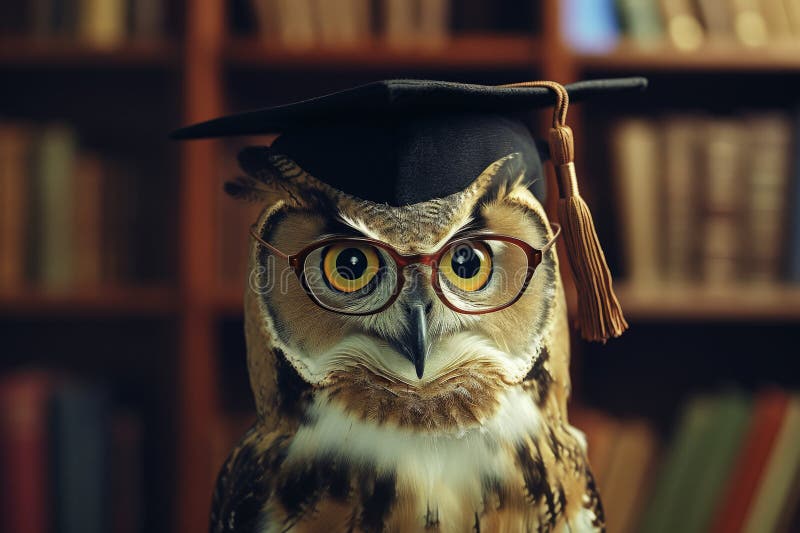 Wise Owl Wearing Graduation Cap and Glasses Against a Stack of Books on ...