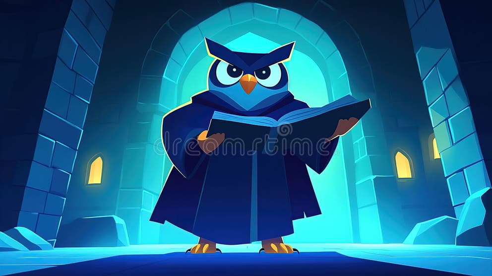 Wise Owl Wizard Holds Ancient Book in Dark Archway Stock Illustration ...