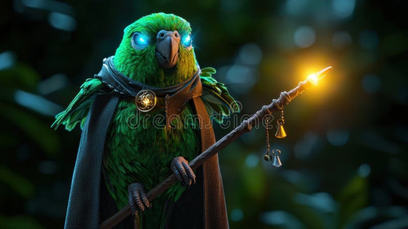 A Wise Parrot Holding a Glowing Staff Stock Illustration - Illustration ...