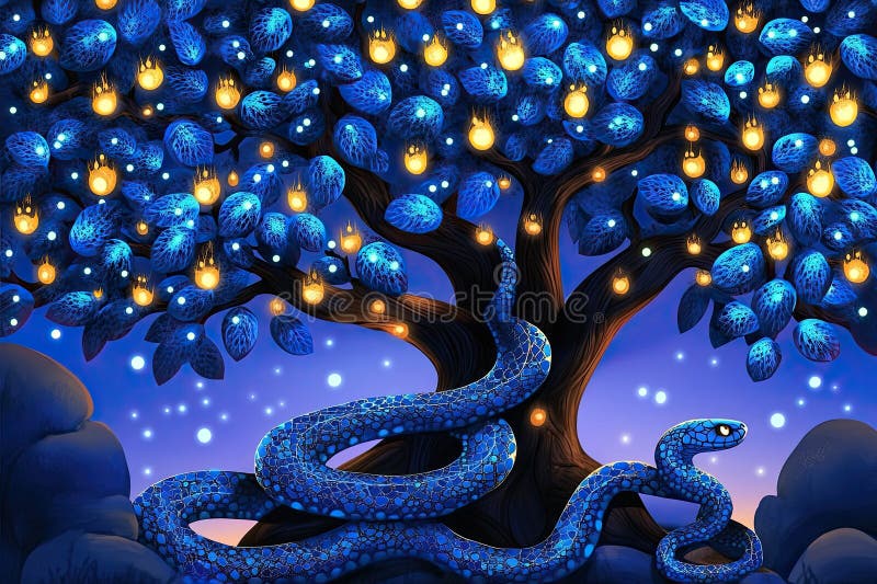 Wise Serpent Coiled at the Base of a Glowing Tree of Knowledge Beneath ...