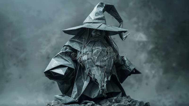A Wise Textured Metal Origami Wizard with a Long Beard and Pointed Hat ...