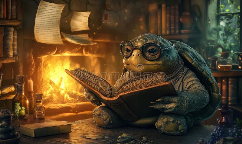 Wise Turtle Reading Book by Fireplace in Cozy Library, Surrounded by ...
