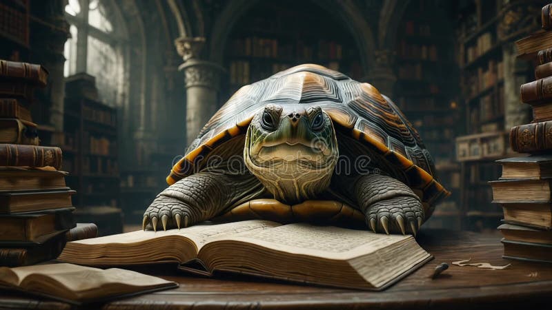 Wise Turtle Surrounded by Old Books in a Grand Library with Gothic ...
