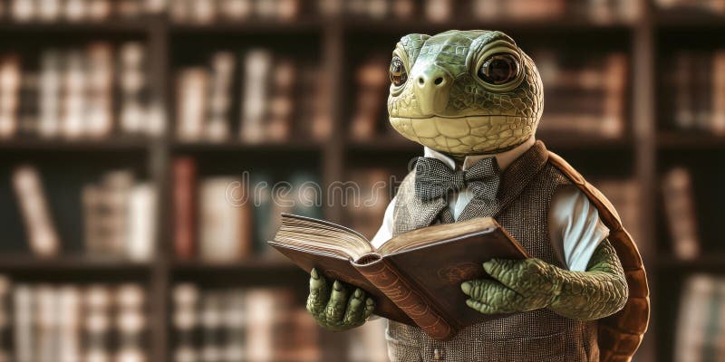 Wise Turtle Wearing a Suit Holding a Book in Library Environment Stock ...