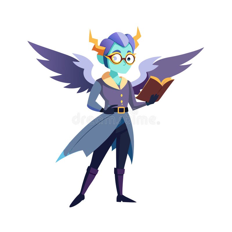 Wise Winged Wizard Reading a Book Illustration in Cartoon Style Stock ...