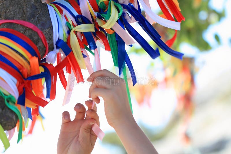 Wish Tree with Red Ribbons on the Access Road Stock Photo - Image of ...