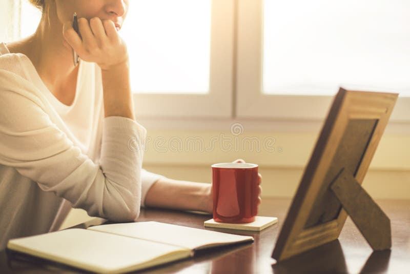 Wistful woman writer stock image. Image of home, writer - 83687547