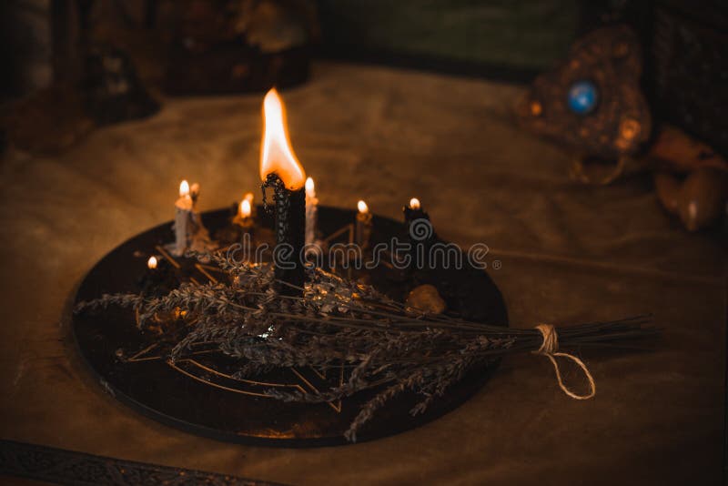 Wizard Altar with a Burn Candles, Magic Concept, Occult Stuff Stock ...