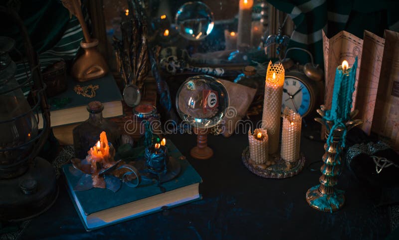 Wizard Altar with a Burn Candles, Magic Concept, Occult Stuff Stock ...